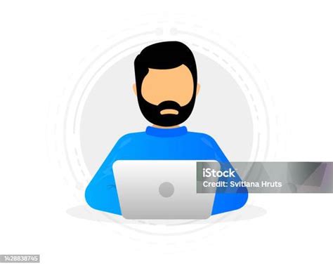 그 남자는 컴퓨터를 사용하고 있습니다 장치 사용의 개념 벡터 일러스트레이션 3차원 형태에 대한 스톡 벡터 아트 및 기타 이미지 3차원 형태 직원 책상 Istock