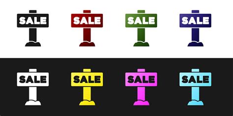 흑백 배경에 격리된 텍스트 판매 아이콘이 있는 행잉 기호를 설정합니다 텍스트 판매와 간판 벡터 0명에 대한 스톡 벡터 아트 및 기타 이미지 Istock