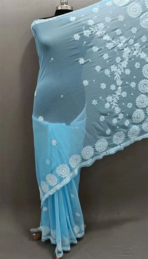 Zardozi Georgette Chikan Embroidered Saree 6 M With Blouse Piece At