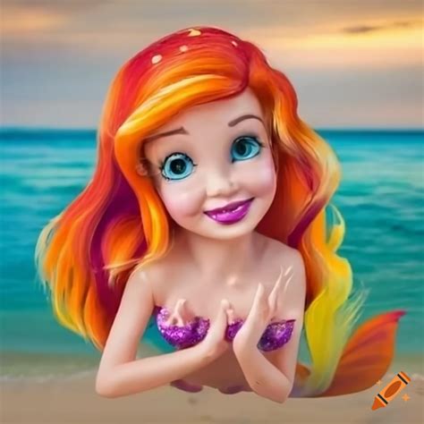 Smiling Mermaid With Sparkly Hair On A Beach On Craiyon
