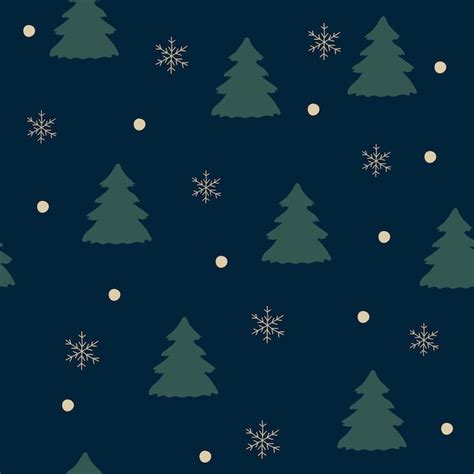 원활한 패턴 크리스마스 트리 눈송이 진한 파란색 배경 프리미엄 벡터