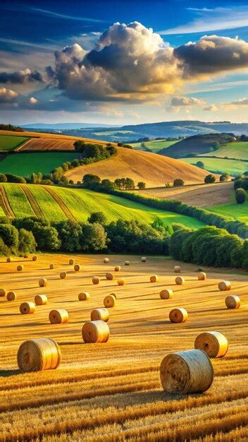 Rolling Fields With Hay Bales Premium Ai Generated Image