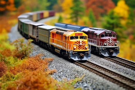 Modeltrainsrailwayscenewithfreightcarsshootingperspective