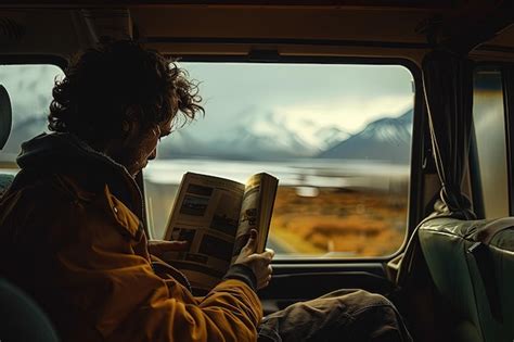 A Man Reading A Book While Sitting In A Vehicle Premium Ai Generated