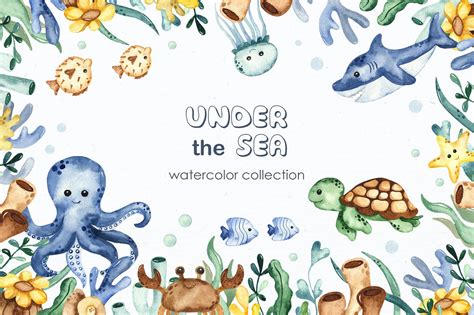 时尚高端可爱清新卡通手绘水彩水墨风格海底海洋鱼类海藻插画背景底纹纹理大集合 JPGPNGPSD 云瑞设计