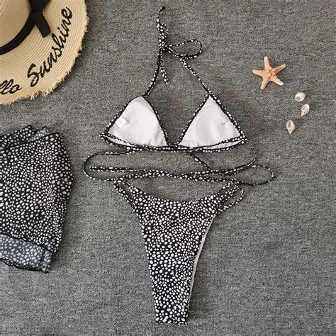 ₩21745에서 섹시한 삼각형 마이크로 비키니 세트 도트 인쇄 수영복 여성 메쉬 스커트 수영복 낮은 허리 수영복 해변 착용