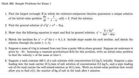 Solved Math 266 Sample Problems For Exam 1 1 Find The