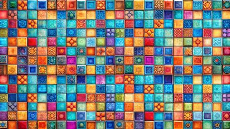 Vibrant Mosaic Tile Wall A Colorful Array Of Decorative Square Tiles Generative Ai Stock