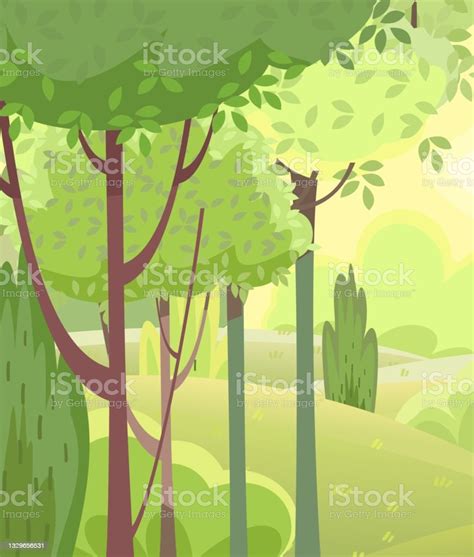 Amusant Beau Paysage Forestier Style Dessin Animé Broussaille Collines