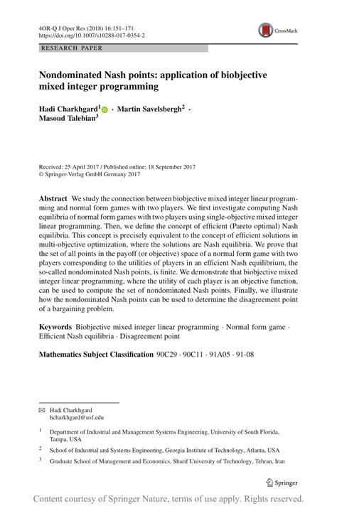 Nondominated Nash Points Application Of Biobjective Mixed Integer