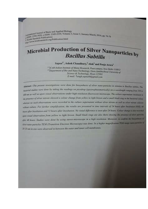 Pdf Microbial Production Of Silver Nanoparticles By Bacillus Subtilis