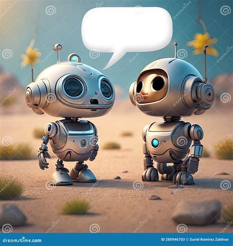 Illustration Of Artificial Intelligence Small Cute Robots With Speech