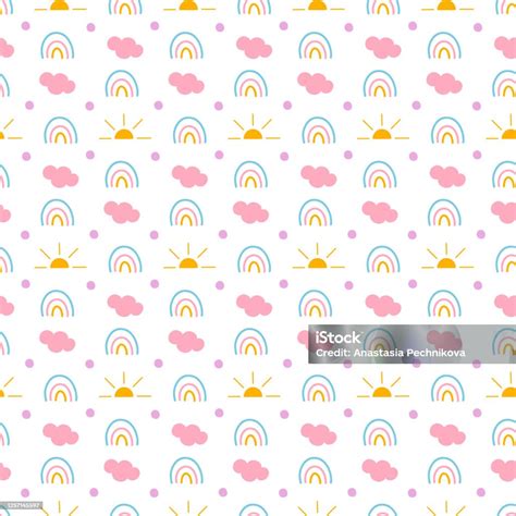귀여운 무지개 구름과 태양 손 은 매끄러운 벡터 패턴을 그려 스칸디나비아 스타일의 귀여운 유치한 드로잉 아기 포장지 직물 직물 벽지 의류 벡터 일러스트레이션 0명에 대한