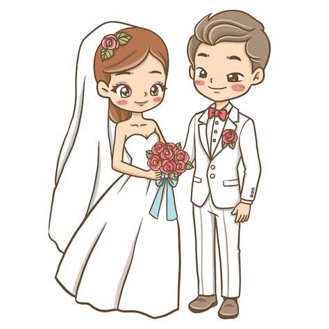 귀여운 결혼식 커플 만화 프리미엄 벡터