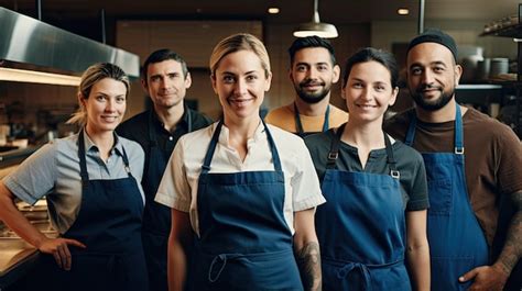 Premium Photo A Group Of People In Aprons Stand In Front Of A Counter