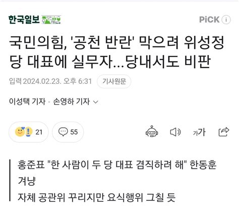 국민의힘 공천 반란 막으려 위성정당 대표에 실무자당내서도 비판 정치시사 에펨코리아