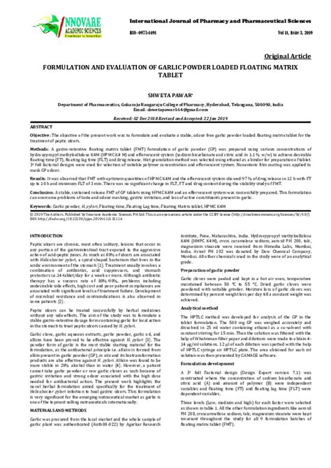 Pdf Formulation And Evaluation Of Garlic Powder Loaded Floating