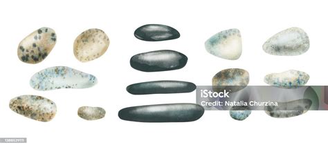 스파 살롱을 위해 자갈과 돌로 만든 수채화 일러스트레이션 세트 검은 색 평평한 돌과 밝은 파란색과 갈색 돌 컴포지션 명함 엽서 가격표 스파 살롱용 가격 리스트에 대한 스톡