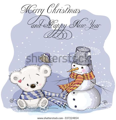 Greeting Christmas Card With Teddy Bear And Snowman