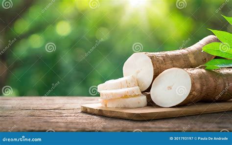 Cassava On Wood With A Blurred Green Background Stock Image