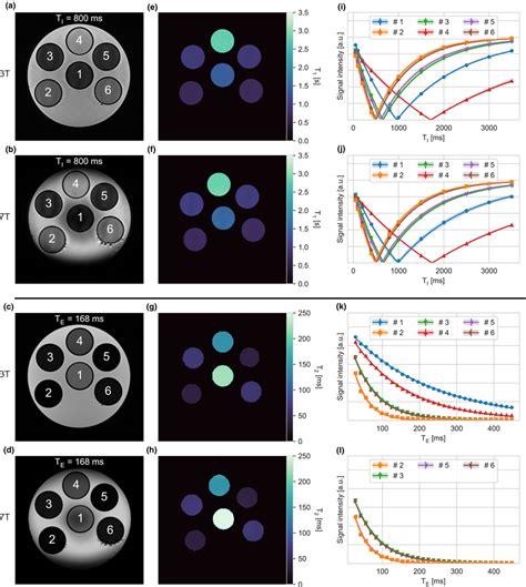 example mr images parametric maps and fits for a sample of six vials