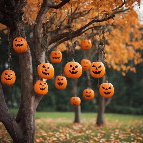 Premium Ai Image Decorative Pumpkins Hanging From Trees Ai Generated