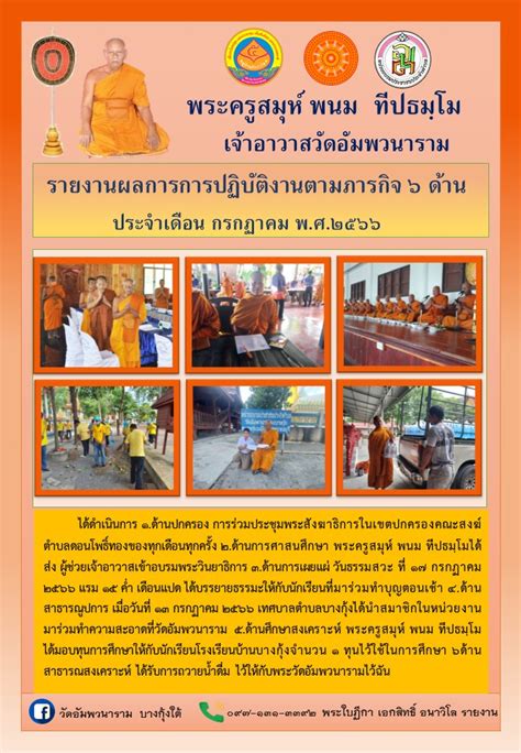 การปฏิบัติงานตามภารกิจคณะสงฆ์ ๖ ด้าน ประจำเดือนกรกฎาคม ๒๕๖๖ ศูนย์