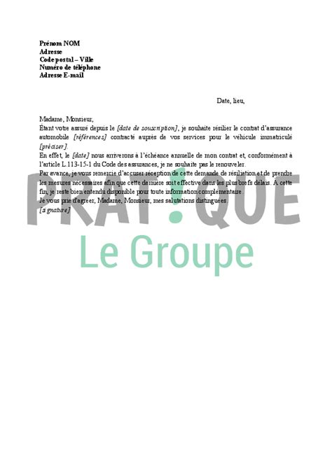 Lettre Non Renouvellement D Un Contrat D Assurance Automobile Pratique Fr