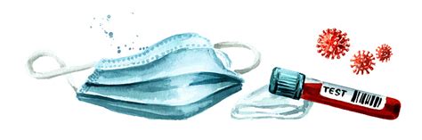 코로나 바이러스 전염병 개념 보호 의료 마스크 혈액과 질병 세포와 테스트 튜브 흰색 배경에 격리 된 손으로 그린 수채화 그림