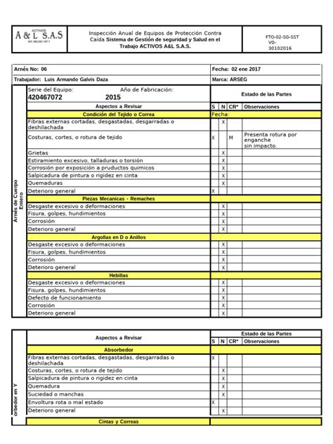 Inspección Anual De Arnés 06 Luis Galvis Daza Pdf Materiales