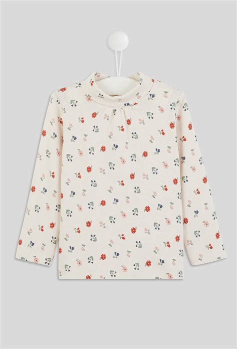 Tee Shirt Imprimé Fleurs Col Roulé Manches Longues Fille En Coton Bio