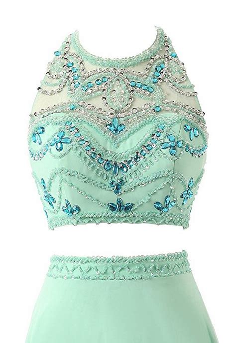 Two Pieces Illusion Neck Beaded Crystals Chiffon Prom Dress On Luulla