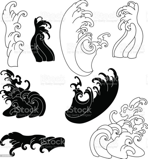 문신 디자인에 대 한 손으로 그린된 웨이브 일본 문신 바다와 파도 대 한 배경 벡터 세트 0명에 대한 스톡 벡터 아트 및 기타
