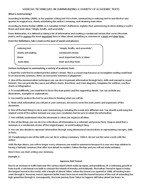 Various Techniques In Summarizing A Variety Of Academic Texts Download Free Pdf Economic