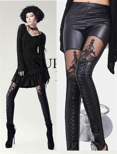 Stylish Sexy Womens Lace Up Faux Pu Leather Lace Leggings Pants Tights