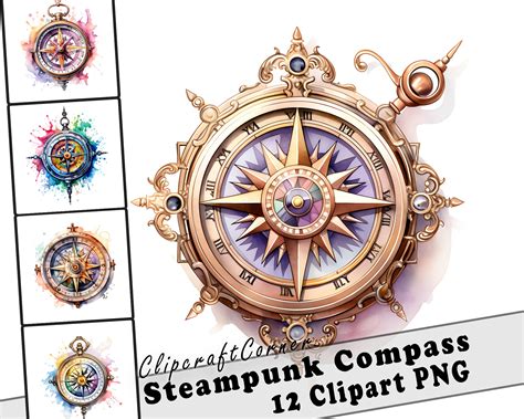 12 Steampunk Compass Clipart Png Bundle Watercolor Steampunk Compass Clipart Png Art Fantasy