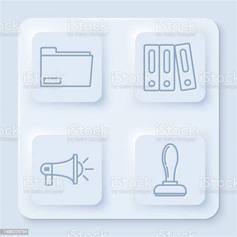 라인 문서 폴더 서류 및 문서가있는 Office 폴더 확성기 및 스탬프를 설정하십시오 흰색 사각형 버튼입니다 벡터 계약서에 대한