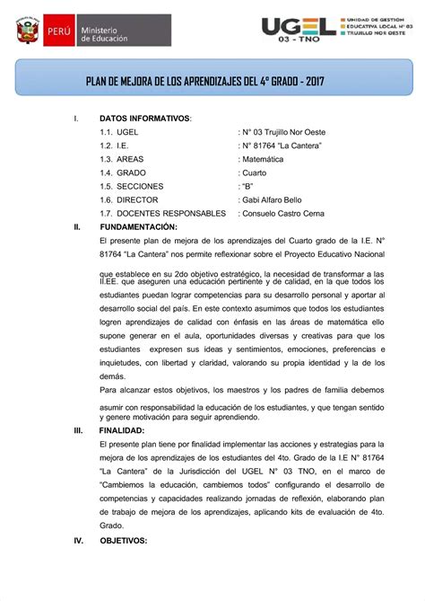 Pdf Cuarto Grado B Plan De Mejora De Los Aprendizajes Compress PLAN DE MEJORA DE LOS