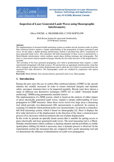 Pdf Inspection Of Laser Generated Lamb Waves Using Shearographic Interferometry