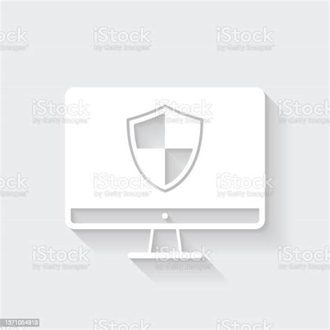 방패가 있는 데스크톱 컴퓨터 빈 배경에 긴 그림자아이콘 플랫 디자인 3차원 형태에 대한 스톡 벡터 아트 및 기타 이미지 3