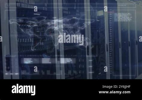 World Map And Data Analysis Animation Over Server Racks In Data Center
