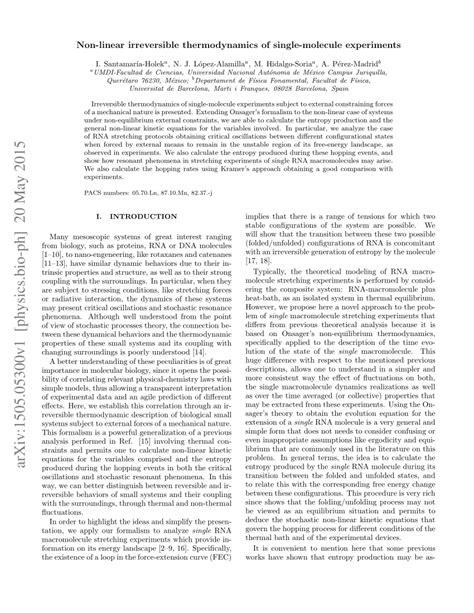 Pdf Non Linear Irreversible Thermodynamics Of Single Molecule Experiments