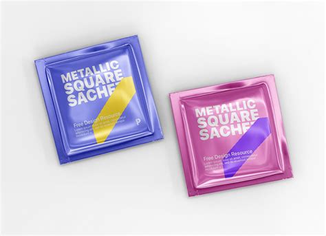 メタリックスクエアサシェットモックアップ 無料のpsdテンプレート
