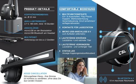 Csl Bluetooth 4 1 Headset Mit Ladestation Pc Headset Mit Flexiblem Mikrofon Multipoint