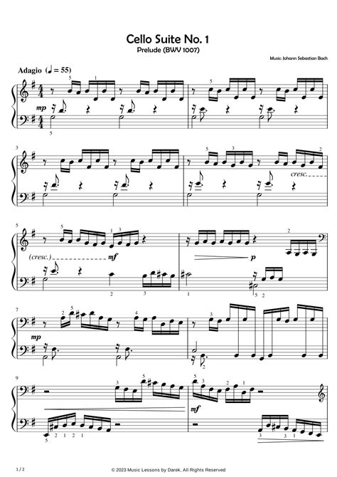Cello Suite No 1 Easy Piano Prelude Bwv 1007 Johann Sebastian