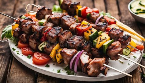 Grilled Pork Shish Kebab On Skewers With Vegetables Stock Illustration