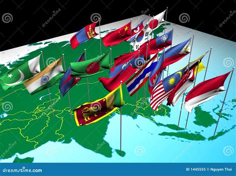Asia Flags On Map Southwest View Stock Illustration Illustration Of