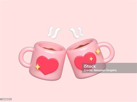 사랑의 빨간 심장 3d 렌더링 일러스트레이션을 가진 커플 핑크 머그잔 클리핑 경로 로맨스 사랑 결혼 약혼 개념이 있는 분홍색