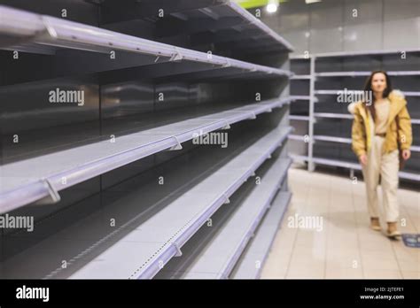 View Of Empty Supermarket Shelves Grocery Store Work Stoppage Closes