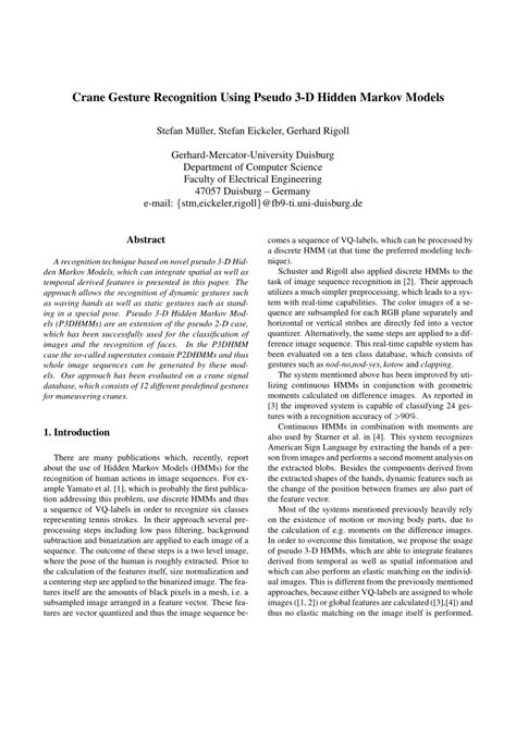Pdf Crane Gesture Recognition Using Pseudo 3 D Hidden Markov Models